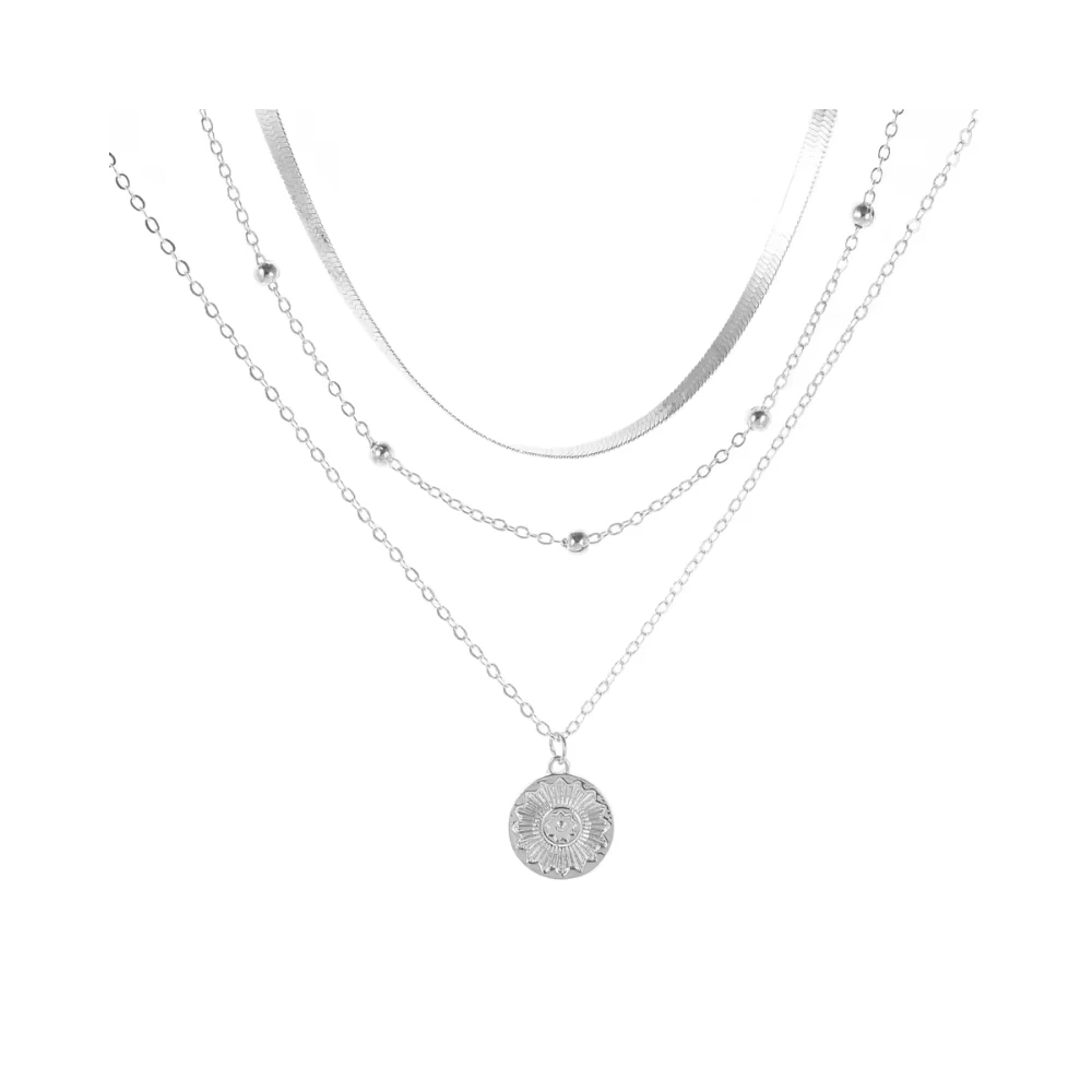 Collar Acero Plateado 3 Capas con Colgante Circular - Fershop